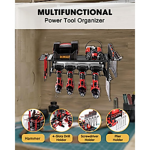 Power Tool Organizer, Garage shelving 2 Layers Garage Tool Organizers 4 Drill Holder Wall Mount, and Heavy Duty Metal Tool Shelf with Screwdriver Holder/Plier Holder/Hammer Holder (Black, 2_Layer)