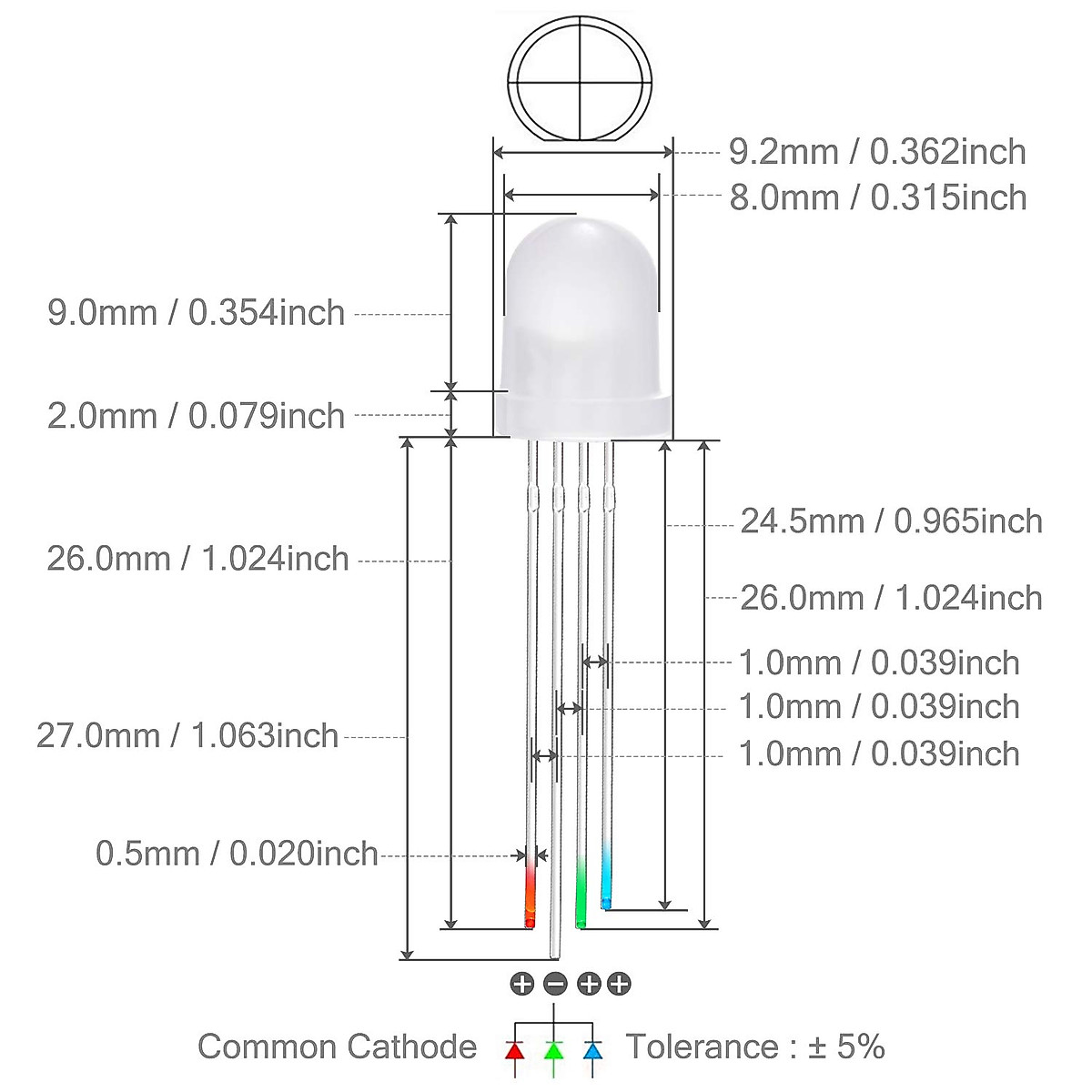 CHANZON 50 pcs 8mm RGB Multicolor Diffused LED Diode Lights Common Cathode(Frosted Round 3 Color) 4 pin Bright Lighting Bulb Lamps Electronics Components Indicator Light Emitting Diodes