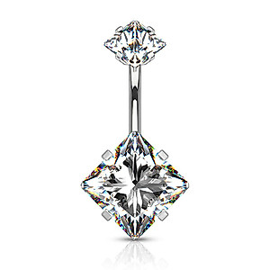 Pierced Owl 14GA Stainless Steel Internally Threaded Double Square CZ Crystal Prong Set Belly Button Ring (Silver Tone/Clear)