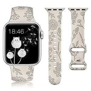 Minyee Floral Engraved Band Compatible with Apple Watch Band 38mm 40mm 41mm Women, Cute Soft Silicone Dandelion Flower Pattern Sport Designer Fancy Summer Bracelet for iWatch Series SE/8/7/6/5/4/3/2/1