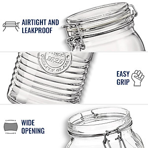 Bormioli Rocco Officina 1825 Variety Pack, Set Of 3 Glass Jars (33.75 Oz. 25.25 Oz. 17 Oz.), Wide Opening, With Airtight Hinged Lid, clear, Made In Italy.