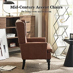 LOVSPATIO Faux Leather Accent Chair, Mid-Century Upholstered Living Room Chairs, Comfy Single Recliner Sofa with Arm and Wood Legs for Bedroom Waiting Room Office - Brown