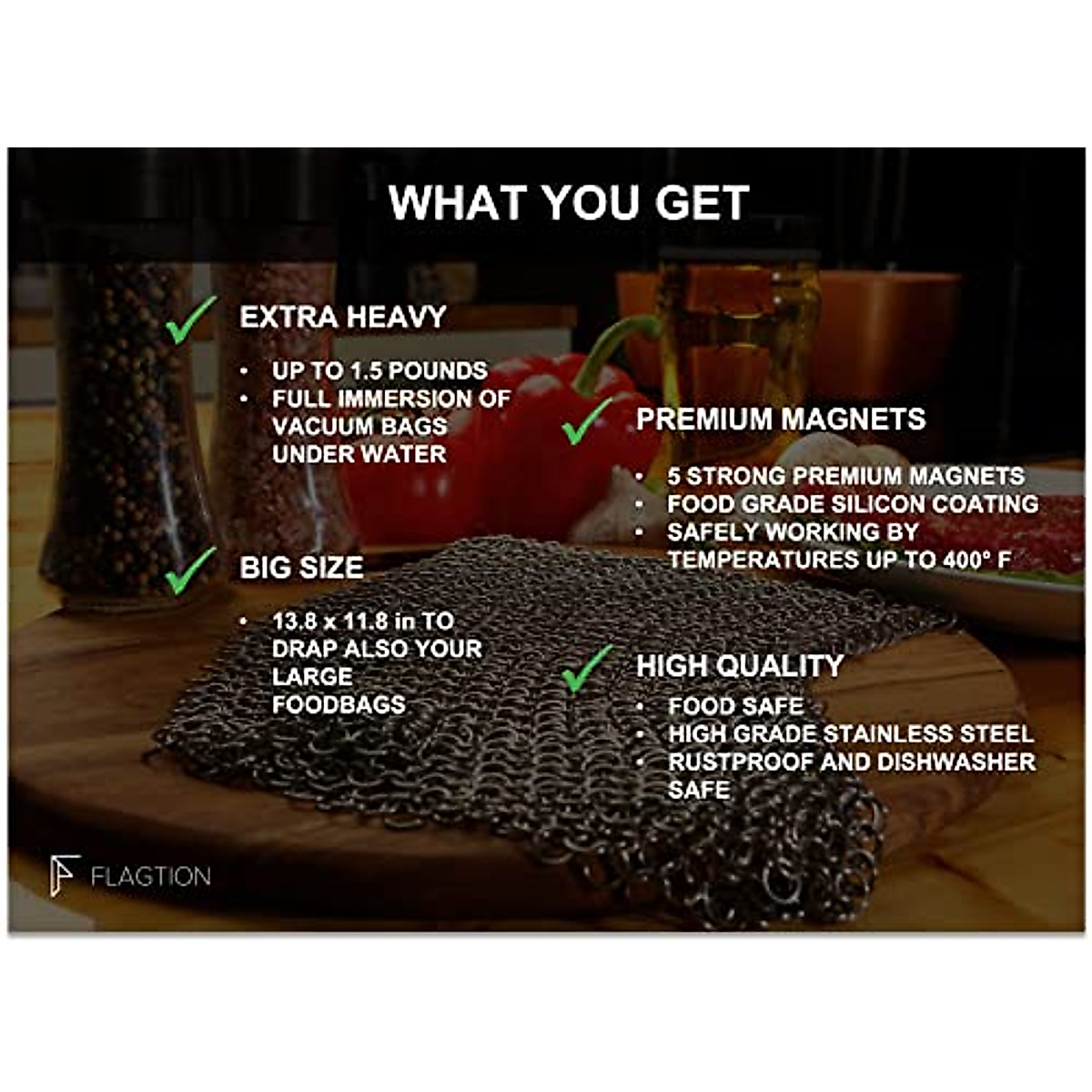 FLAGTION Sous Vide, Set of - 1.5 Pounds Food Grade Stainless Steel Sous Vide Mesh Net & 5 Silicone Coated Magnets for Sous Vide Cooking, Premium Sous Vide Accessory Kit to Avoid Undercooked Food