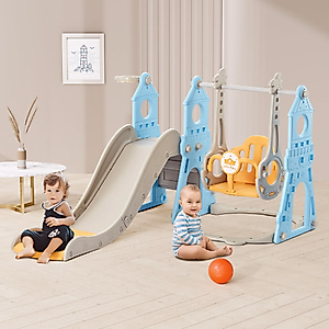 4-in-1 Toddler Slide and Swing Set with Extra Large Playground, Basketball Hoop & Climber, Indoor/Outdoor Playset, Castle Collection - Blue & Yellow