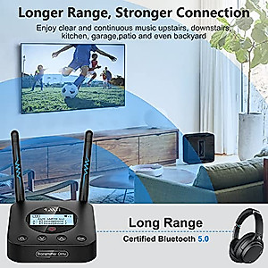 1Mii B06TX+ Long Range Bluetooth 5.0 Transmitter for TV/PC/Projector to 2 Wireless Headphones/Speakers, Bluetooth Adapter for TV w/Screen Display Plug n Play, aptX Low Latency & HD Audio
