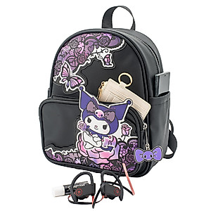AI ACCESSORY INNOVATIONS Hello Kitty Kuromi Mini PU Backpack Purse, Kawaii Shoulder Bag with Epoxy Filled Metal Bow w/Skull Charm, 10.5 Inch, Anime Travel Bag, Faux Leather