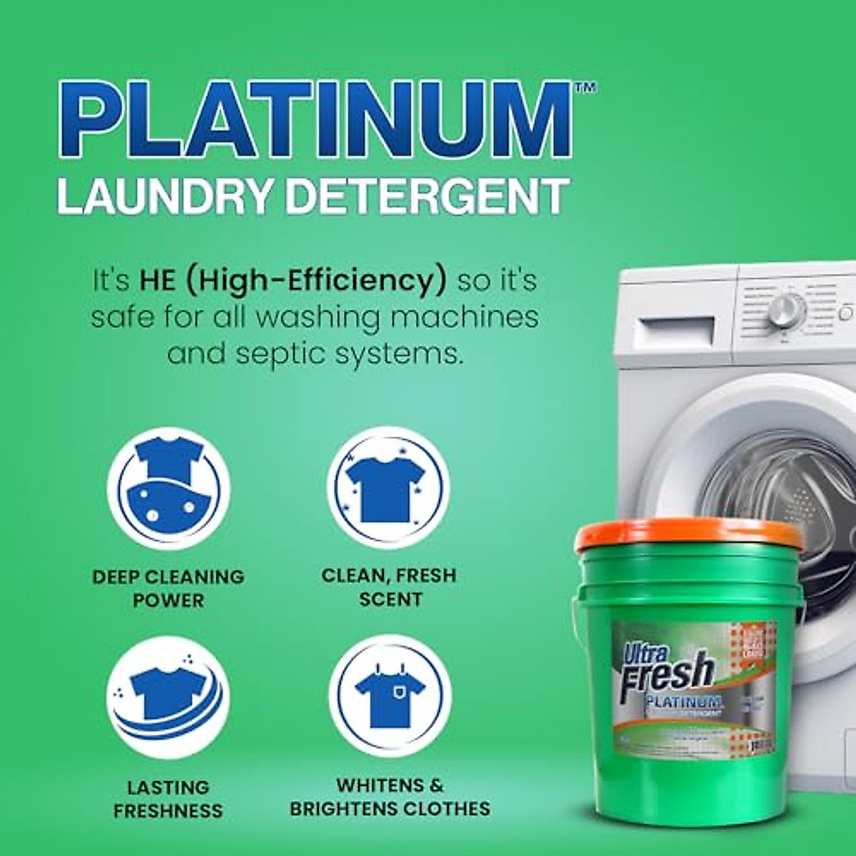 Ultra Fresh® 3X Platinum™ Laundry Detergent - Original Green™ - 5 Gallons - Deep Cleaning, Whitens & Brightens, Up to 640 Loads - Safe for HE Machines & Septic Systems, No Phosphates or Bleach