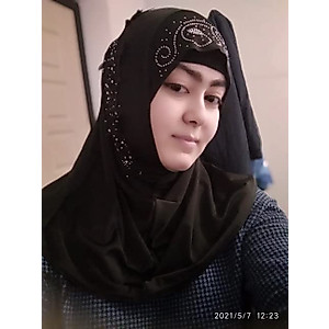 Suillty Women One Piece Muslim Hijab Lace Applique Long Turban Islamic Full Head Scarf Shawls with Rhinestone (Black)