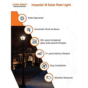 Gama Sonic Imperial III Solar Post Light, Black Aluminum and Glass, Outdoor Lamp, 300 Lumen Dual Color Temperature, 3-inch Fitter for Lamp Posts or Pier Mount (Sold Separately) 97K012