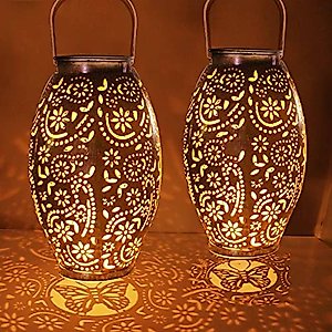 2 Pack Hanging Solar Lanterns Outdoor Lanterns Waterproof Decorative Garden Lights Retro Oval LED Lantern Lights for Table Patio Courtyard Party Pathway Walkway