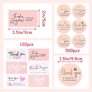 TUCEWP 620Pcs Thank You Cards and Stickers Set, Include 120 Thank You Cards Small Business Bulk 500 Thank You for Your Order Stickers Pink Thank You Stickers for Packaging Envelope Seals Business