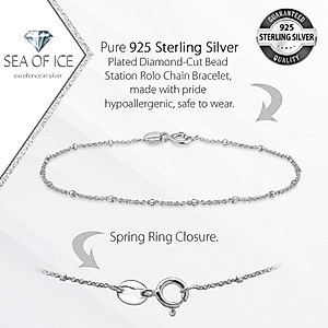 SEA OF ICE Sterling Silver 1mm Diamond-Cut Bead Station Rolo Chain Bracelet for Women, Size 7.25"