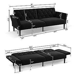 HONBAY Convertible Sofa Bed Velvet Sleeper Couch with Adjustable Armrests Tufted Futon for Living Room and Bedroom, Black