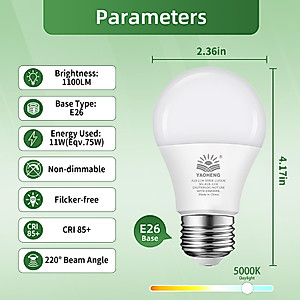 YAOHENG A19 LED Light Bulb 75 Watt Equivalent, 11 Watt Light Bulbs, 5000K Daylight, 1100 Lumens, Non-Dimmable, E26 Base Lightbulbs, Standard LED Bulbs for Home, ETL Listed(4-Pack)