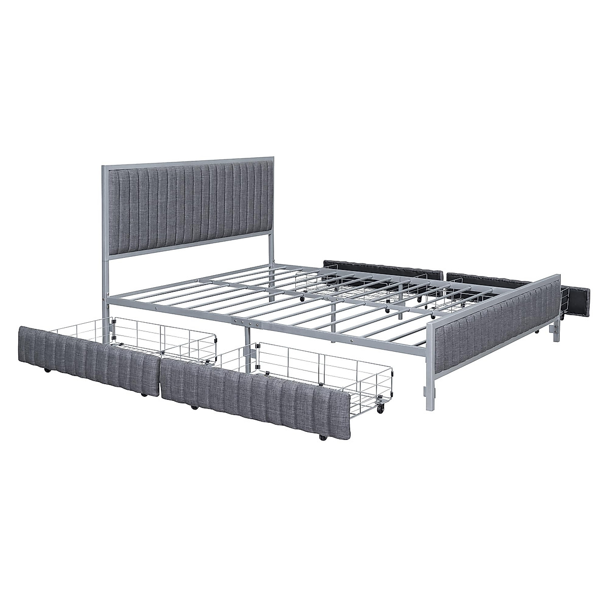 CKLMMC Morden Upholstered Platform Bed Frame with 4 Drawers,Sturdy Built-in Metal Slat Support,Queen Size Platform Bed for Bedroom,Living Room (Gray+Linen Fabric1, Queen)