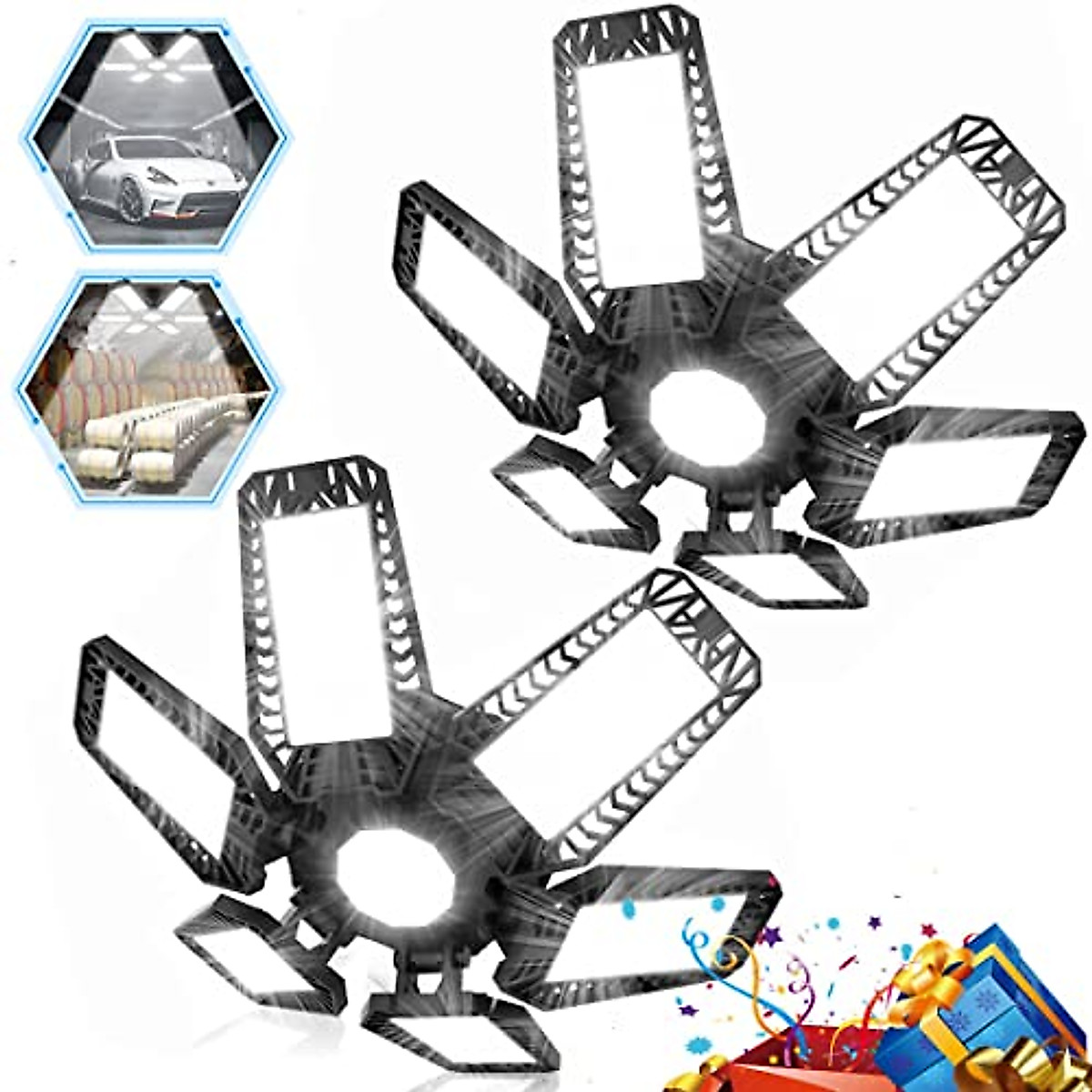 2 Pack LED Garage Light,200W Garage Light Deformable Garage Lights Ceiling Led 20000lm Shop Lights with 6 Panel,6500K Daylight Adjustable Folding Screw in Garage Lighting Bulb E26 for Garage,Workshop