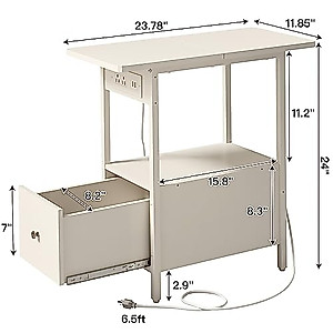 LIDYUK End Table with Charging Station, Narrow Side Table with Drawer and USB Ports & Power Outlets, Nightstand Bedside Tables for Small Spaces, Bedroom, Living Room, White