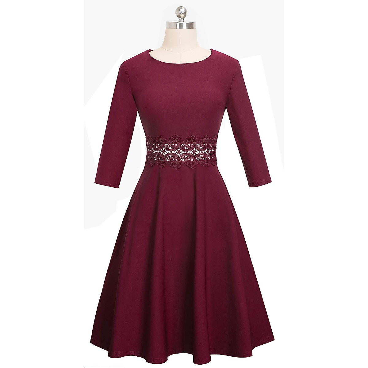 HOMEYEE Women's 3/4 Sleeves Cocktail A-Line Embroidery Party Autumn Winter Wedding Guest Dress A079(6,Burgundy-3/4 Sleeve)