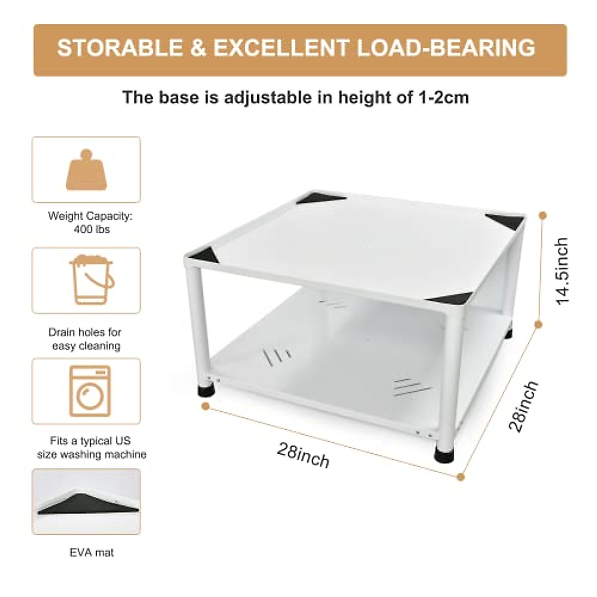 CMXIKJ Laundry Pedestal 28", Adjustable Height Metal Steel Base with Storage Shelf, Universal Fit Pedestal for Washer and Dryer, 28 x 28 x 14.5 Inch (White)
