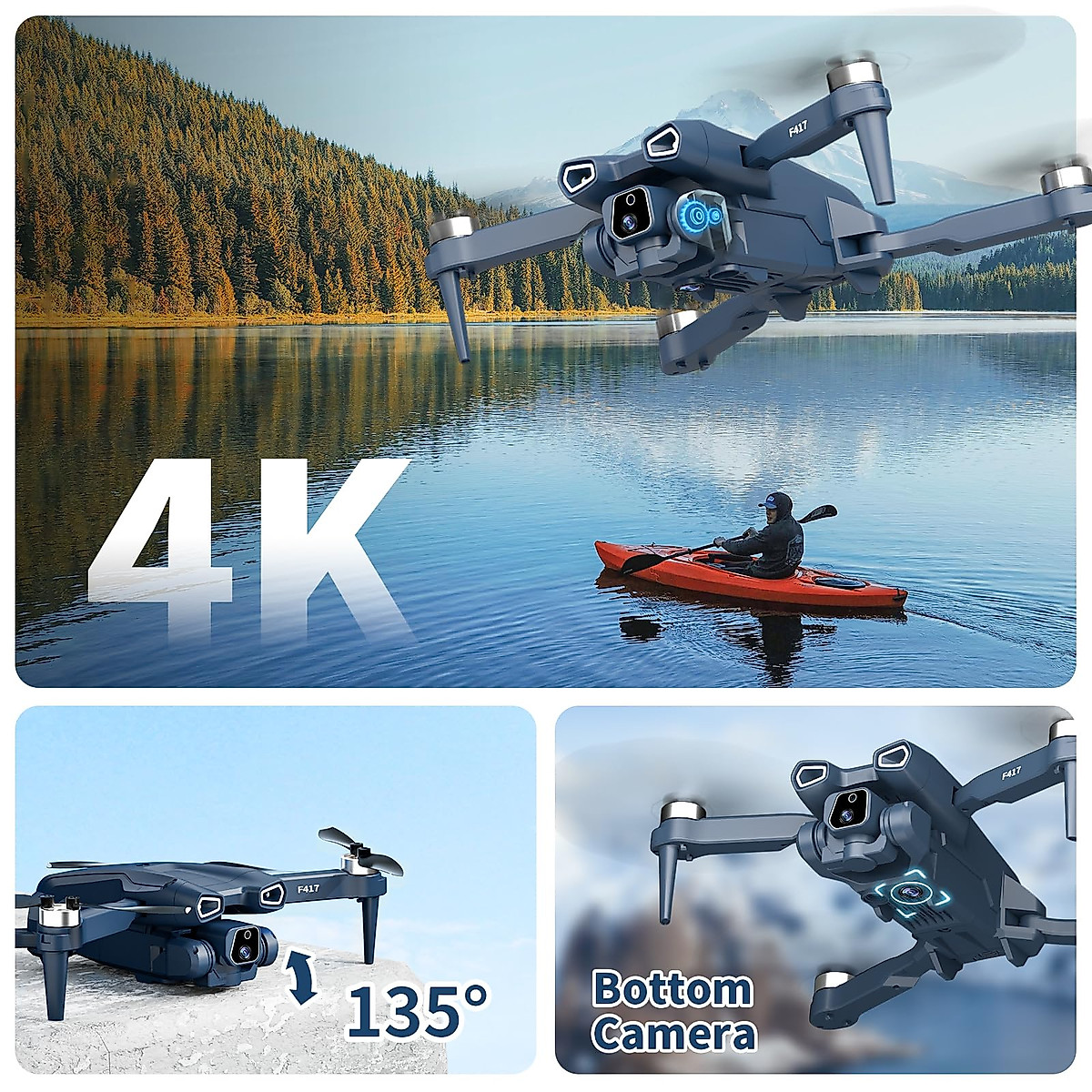 Brushless Motor Drone with Dual Camera for Adults, 1080P Adjustable Camera Drones, 5GHz WiFi FPV RC Quadcopter with Optical Flow Positioning for Beginners, 3D Flips, 2 Batteries
