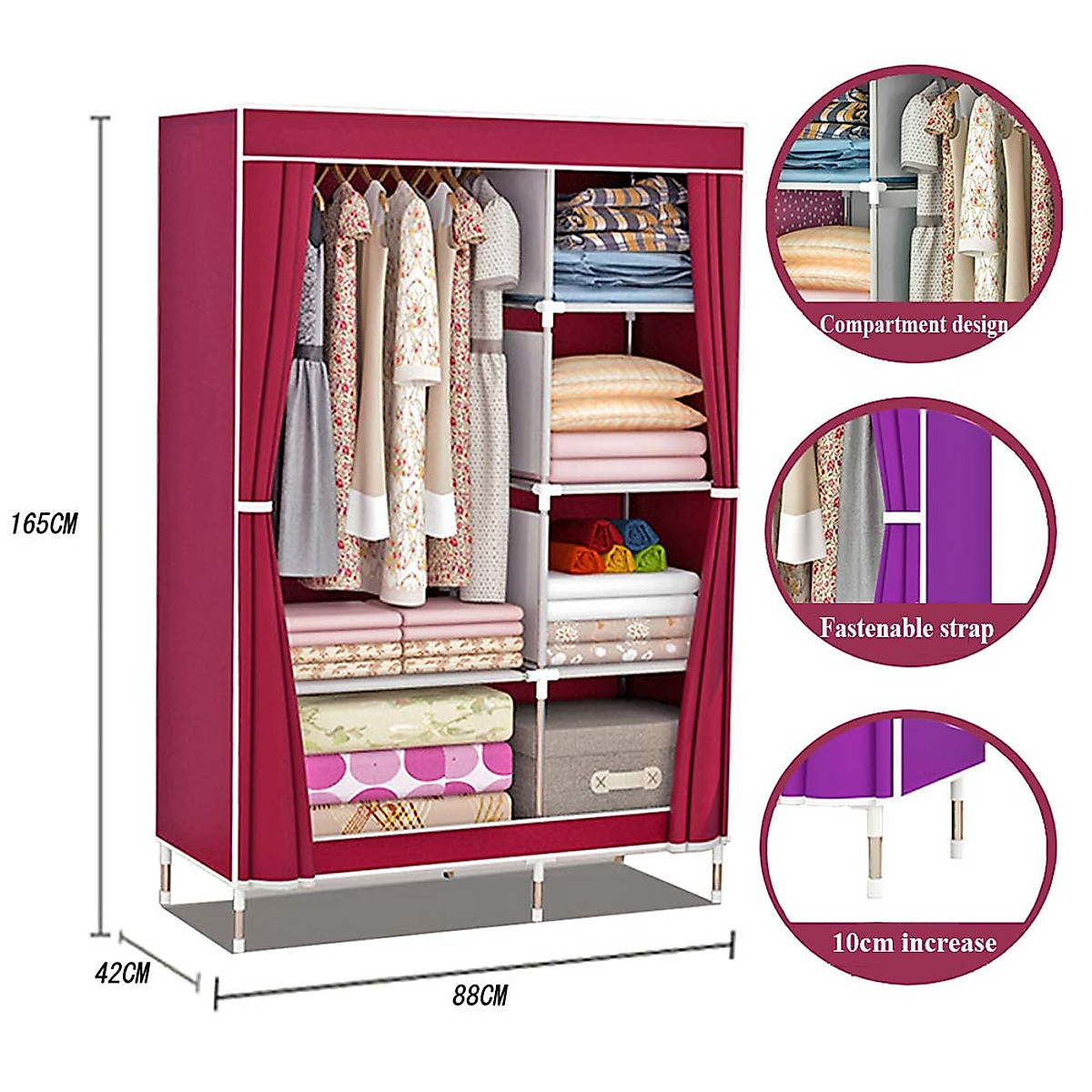 ZZBIQS Clothing Wardrobe Closet, Portable Non-Woven Fabric Garment Clothes Wardrobe Storage Organizer Shelf Rack, DIY Armoire Storage with Hanging Rod(Purple)