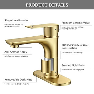 TONNY Brushed Gold Bathroom Faucet, Single Handle Gold Faucet for Bathroom Sink, Vanity Sink Faucet Bathroom 1 Hole with Pop Up Drain and Water Supply Hoses