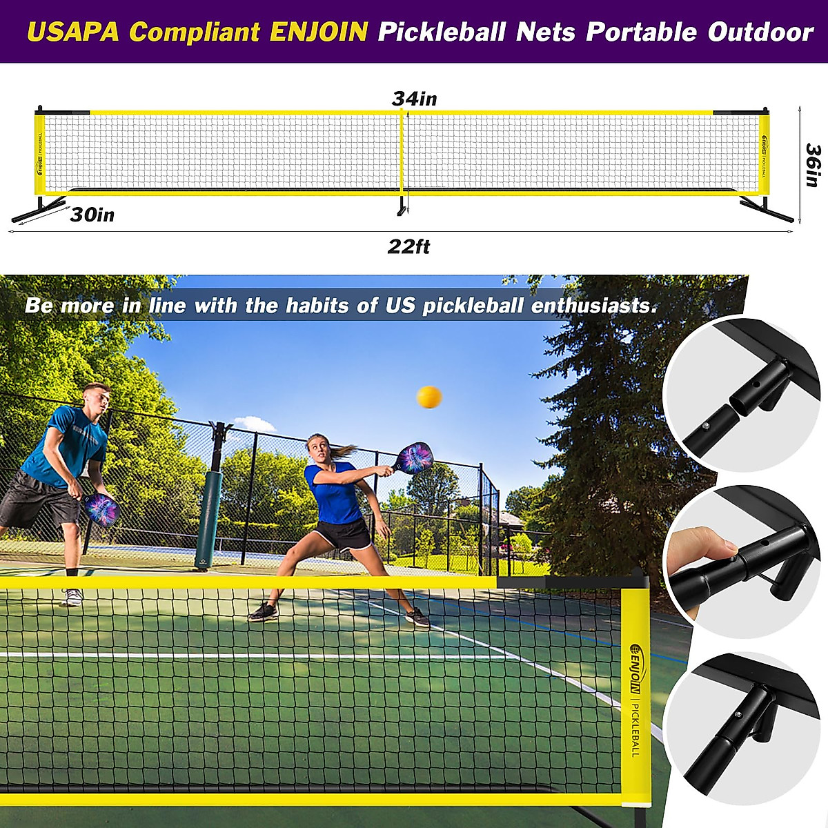 ENJOIN Pickleball Net Portable Outdoor - 22FT Regulation Size Set Driveway Pickleball Set with Net, Pickleball Nets and Accessories Included 4 Premium Wood Pickleball Paddles, 4 Outdoor Pickleballs