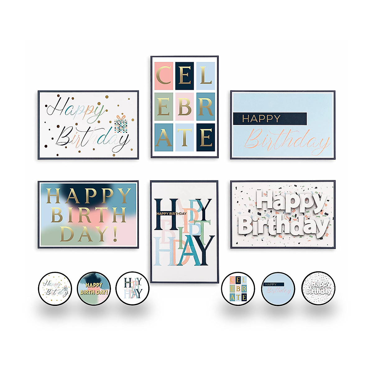smart scribbles Happy Birthday Cards - 48 assortment Birthday Cards with Envelopes and Stickers - 4x6 Birthday Cards with Gold Foil - 6 Cards and 6 Stickers of Each Design - Total of 48