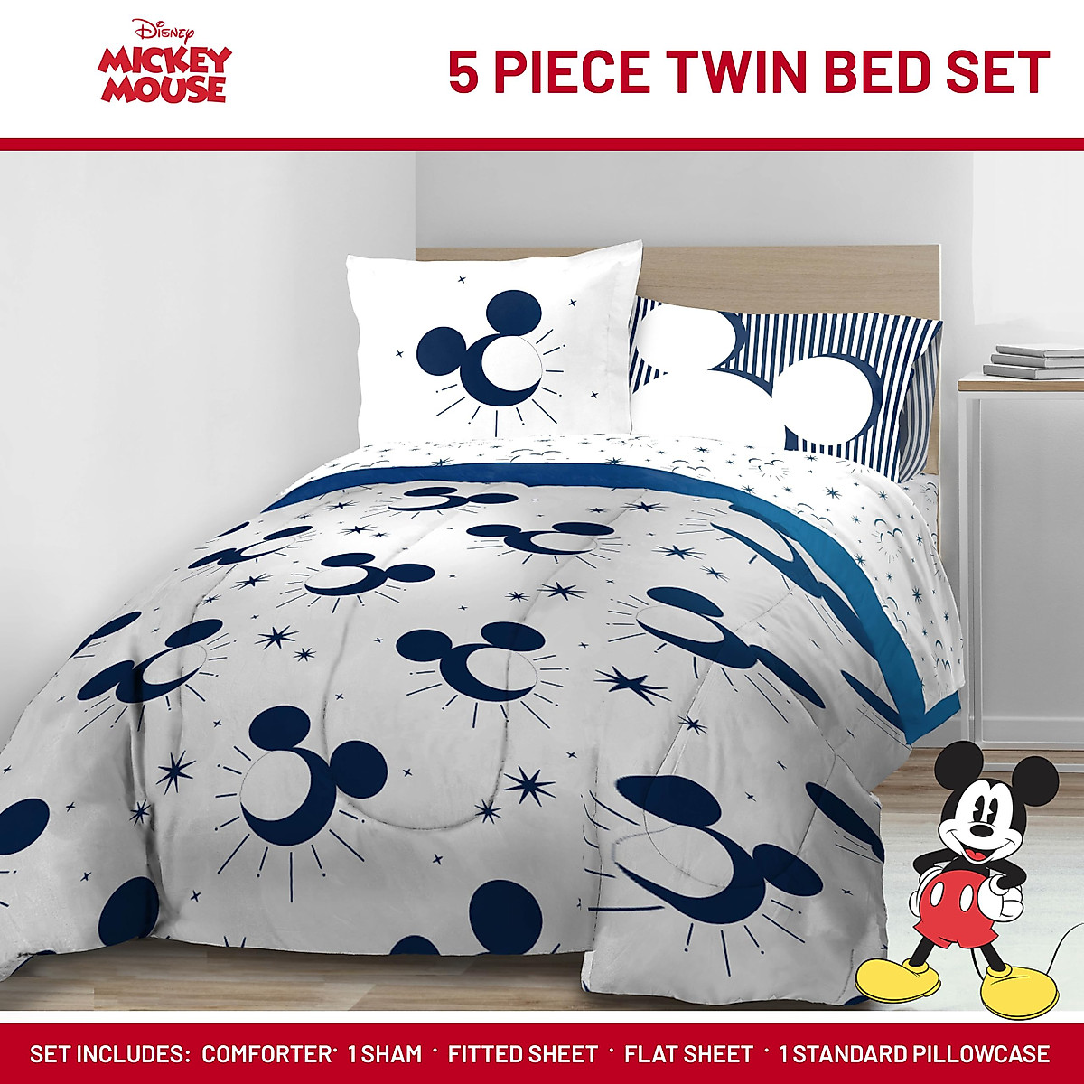 Jay Franco Disney Mickey Mouse Twin Comforter Set - 5 Piece Bedding Includes Sheet Set & Pillow Covers - Super Soft Cozy Celestial Bedding