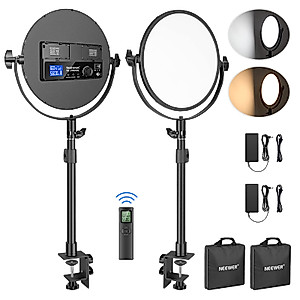 Neewer Desk Mount Round LED Video Light with C-Clamp Stand and 2.4G Wireless Remote, 2-Pack 10.6-inch 30W 3200K-5600K Dimmable Bi-Color Soft Light Panel CRI97+ for Game/Live Streaming/Video Conference