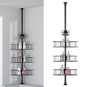SANDEGOO Corner Shower Caddy Tension Pole,Black 4 Tier Adjustable Shower racks for inside Shelves Bathroom Bathtub Shampoo Holder Organizer Storage Rack, Rustproof Stainless Steel Shower 40-120 inch