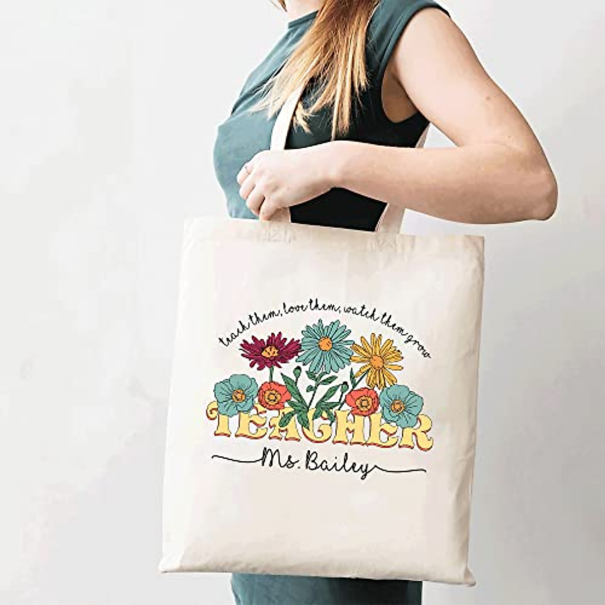 NAZENTI Personalized Teacher Tote Bag - Custom Teacher Bag With Name, Flower Teacher Tote, Teacher Gifts for Women, Teacher Appreciation Gifts, Preschool Kindergarten Teacher Gift, Christmas Gifts