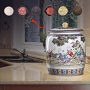 Chinese Style Food Dispenser 22Lbs Ceramic Rice Bucket Cereal Storage Container Chinese Porcelain Grain Dispenser Suitable for Flour, Sugar, Coffee, Rice, Nuts, Snacks, Pet Food, Tea (Color : A)