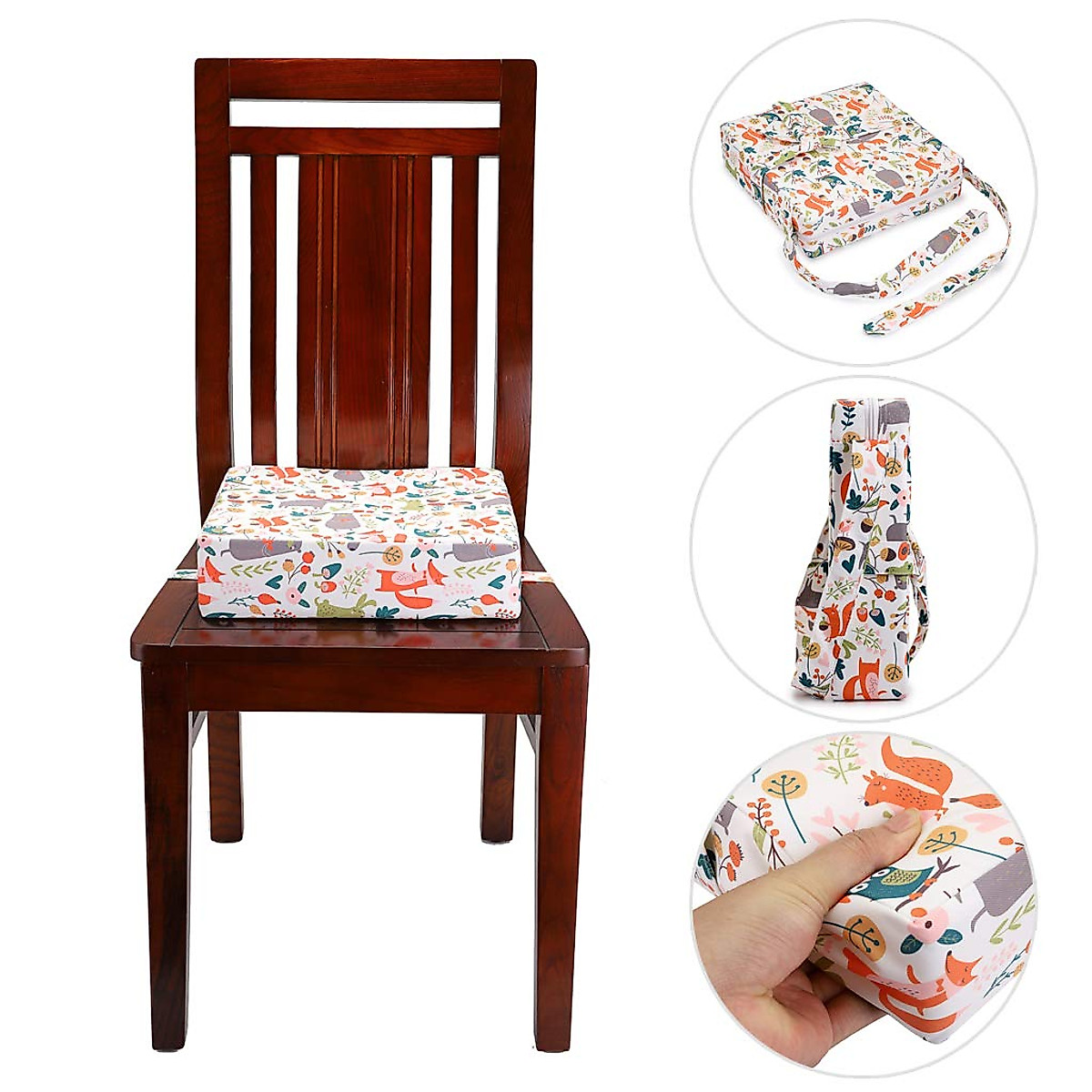 Sumnacon Chair Increasing Cushion - Baby Toddler Kids Infant Portable Dismountable Highchair Booster Cushion Washable Thick Chair Seat Cloth Straps,Animal Forest White