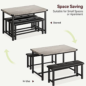 IDEALHOUSE Dining Table Set for 4, Kitchen Table with Benches, Rectangular Dining Room Table Set with 2 Upholstered Benches, 3 Piece Dining Table Set for Small Space, Apartment, Studio, Retro Gray