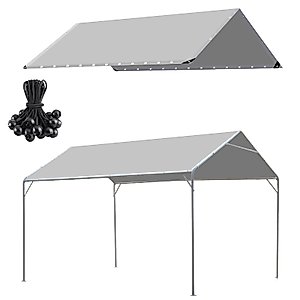 HFYZZ 10 x 20 Ft Heavy Duty Carport Replacement Canopy Cover Waterproof & UV Protected Car Garage Top Tent Shelter Tarp Cover with 44 Ball Bungees Cords, Only Top Cover, Grey