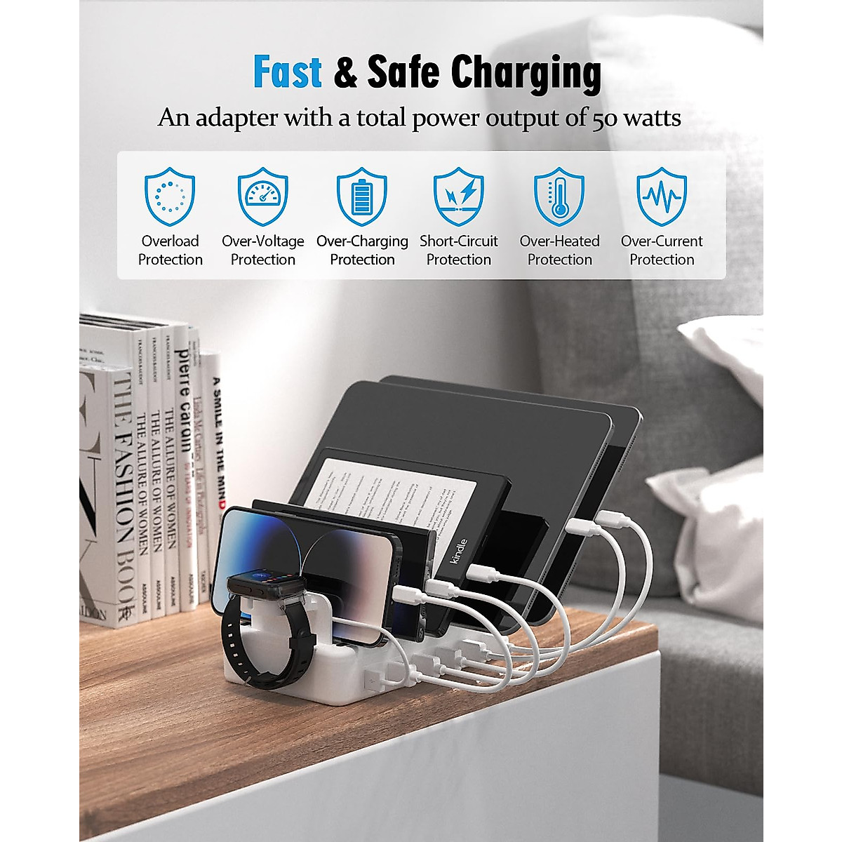 ₂₀₂₃𝘕𝘦𝘸 Charging Station Multiple Charger Station - 6-Port USB Fast Charging Dock 50W Organizer Station with Watch Charger for iPhone|Android Cell Phone|iPad|Kindle|Watch|Tablet