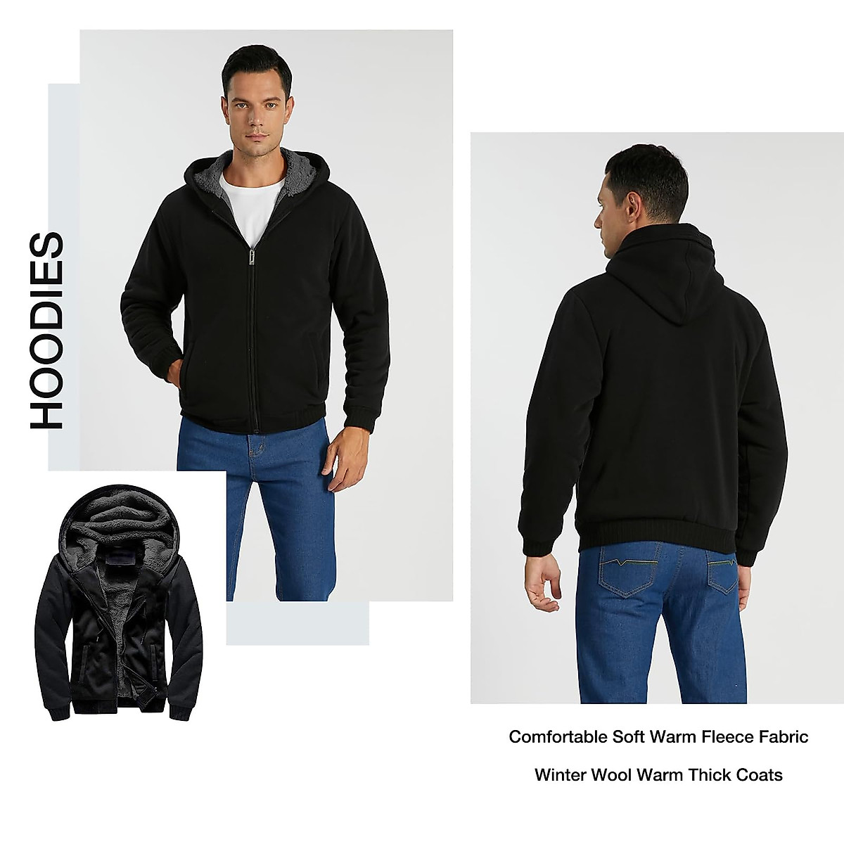 SWISSWELL Men Zipper Hoodie Thick Fleece Lined Jacket Warm Winter Coat Casual Heavyweight Sherpa Hooded Sweatshirt Black 2XL