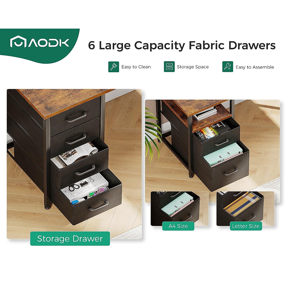 AODK 66" L Shaped Computer Desk, 113“ Reversible Home Office Desk with File Cabinet & 4 Fabric Drawers, Two Person Desk with LED Lights & Power Outlet, Corner Gaming Desk with Monitor Shelf, Vintage