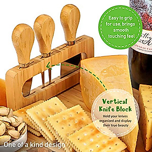 ROYAMY Bamboo Cheese Board Set with 3 Stainless Steel Knife, Meat Charcuterie Platter Serving Tray, Perfect Choice for Wedding Birthdays Christmas Anniversary Housewarming Kitchen Personalized Gift
