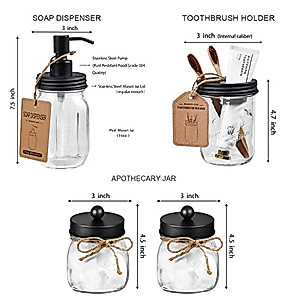 Mason Jar Bathroom Accessories Set 4 Pcs -Lotion Soap Dispenser & 2 Cotton Swab Holders & Toothbrush Holder - Rustic Farmhouse Decor, Bathroom Home Decor, Perfect Decorating Idea (Black)