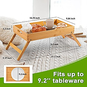 Greenual Bed Tray Table with Folding Legs for Eating Serving Tray with Handles Bamboo Breakfast Food Table Comes with Phone Holder Portable Snack Platter for Bedroom Hospital Picnic