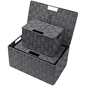 Sorbus Storage Box Woven Basket Bin Container Tote Cube Organizer Set Stackable Storage Basket Woven Strap Shelf Organizer Built-In Carry Handles (Lid Bins - 3 Pack, Gray)