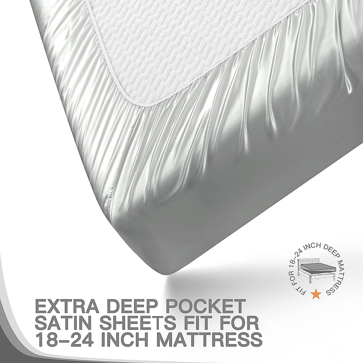 VACVELT 4pcs Extra Deep Pocket Satin Sheets Full Size Bed Set, Silver Grey Satin Sheet Set Fit 18-24 Inch Deep Pocket Mattress, Silky & Luxury Satin Bedding Set Soft & Ultra Deep Fitted Sheet Set