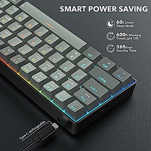 SABLUTE Mechanical Gaming Keyboard, Bluetooth/2.4G/USB-C Wired 60% Compact Mini Keyboard with 20 RGB Effects & 7 Colors Backlit, N-Key Rollover, 61 Keys Layout, Hot Swappable Linear Red Switch