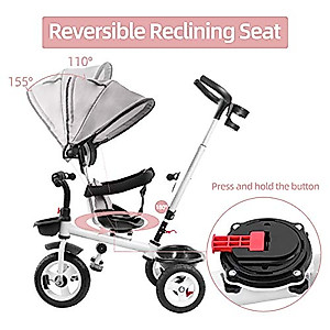 4 in 1 Kids Tricycle, Toddler Tricycle for Children Aged 1 to 5 Years Old, Baby Tricycle with Adjustable Canopy/Safety Seat/Storage Basket/Foot Pedals/Cup Holder (Gray)