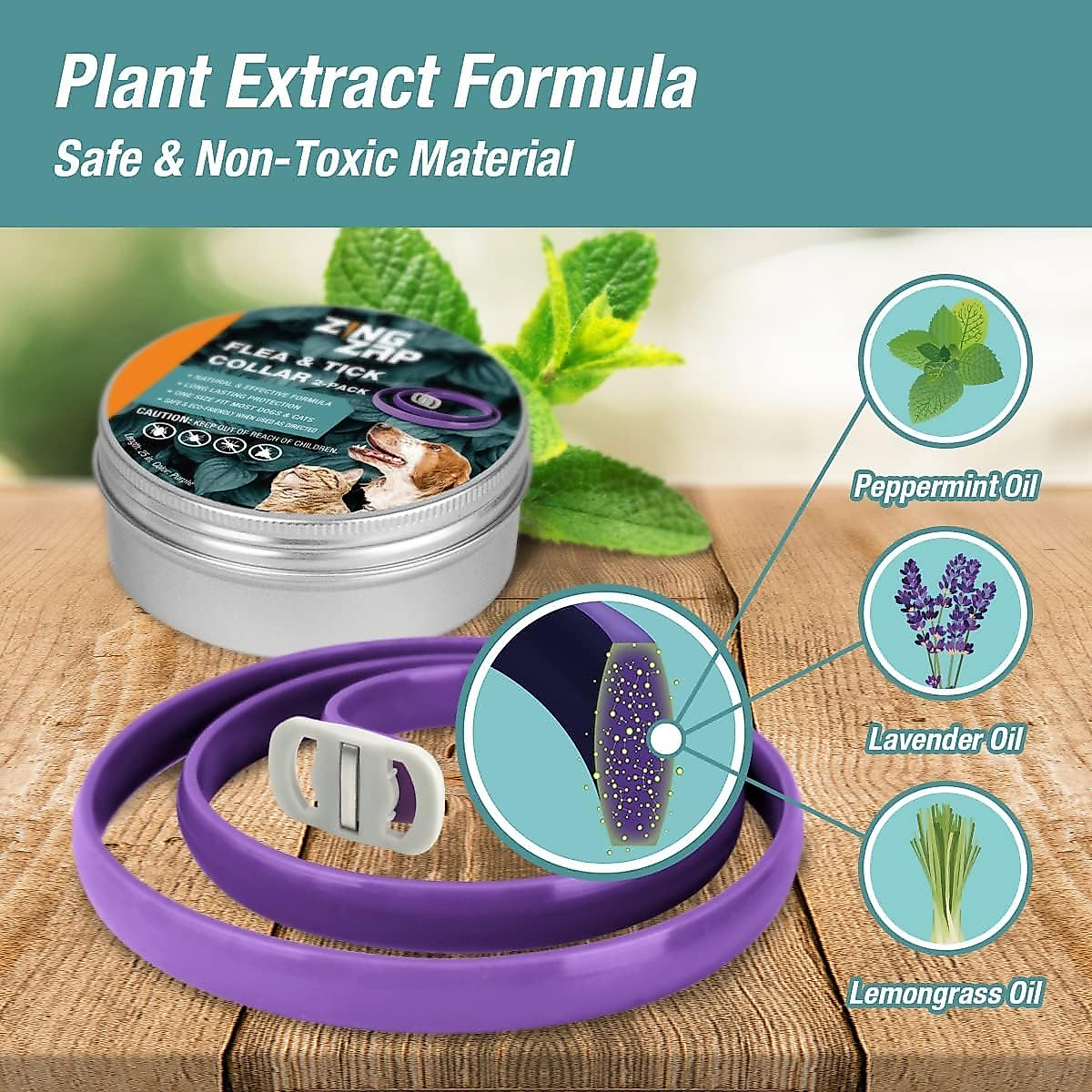 ZingZap Flea & Tick Collar 2-Pack Gray, Protects from Biting Insects, Adjustable Fits Both Dogs & Cats, Built-in Plant Based Formula, Slow Release Lasting Protection, Waterproof