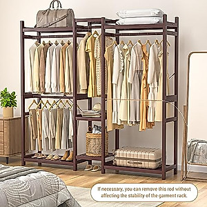 Homykic Bamboo Closet System, Large Clothing Rack Garment Rack for Hanging Clothes, Freestanding Clothes Rack with Shelves and 5 Rods, Stable Open Wardrobe Organizer with 4 Hooks, 70”Wx77”H, Espresso