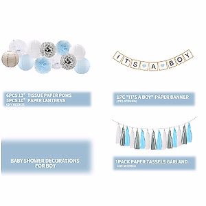 Baby Shower Decorations Boy (Blue, White, Grey)- It's A Boy Banner, Tissue Paper Poms, Paper Lanterns and Tassels Garland- Baby Boy Gender Reveal Birthday Party Decorations