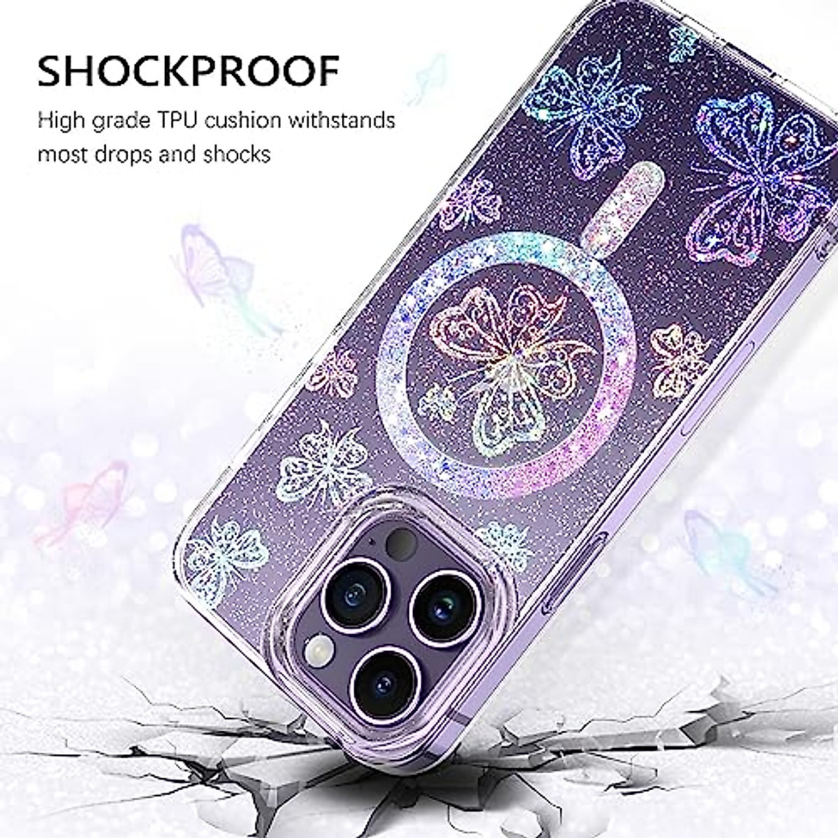 GUAGUA for iPhone 14 Pro Max Magnetic Case, Compatible with Magsafe Clear Glitter Butterfly Slim TPU Transparent Shockproof Protective Bling Phone Case for iPhone 14 Pro Max 6.7", Fantasy Butterfly